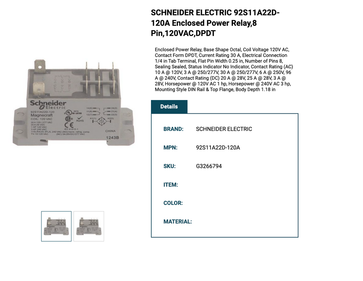 Schneider Electric 92S11a22d-120A Enclosed Power Relay,8 Pin,120Vac,Dp ...