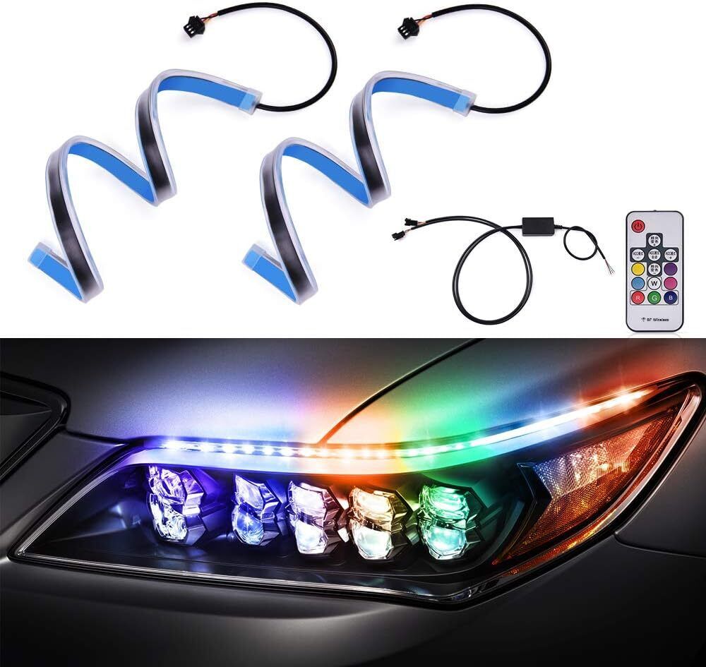 NEW 2x 60cm APP RGB Slim Sequential Flexible LED DRL Turn Signal Headl ...