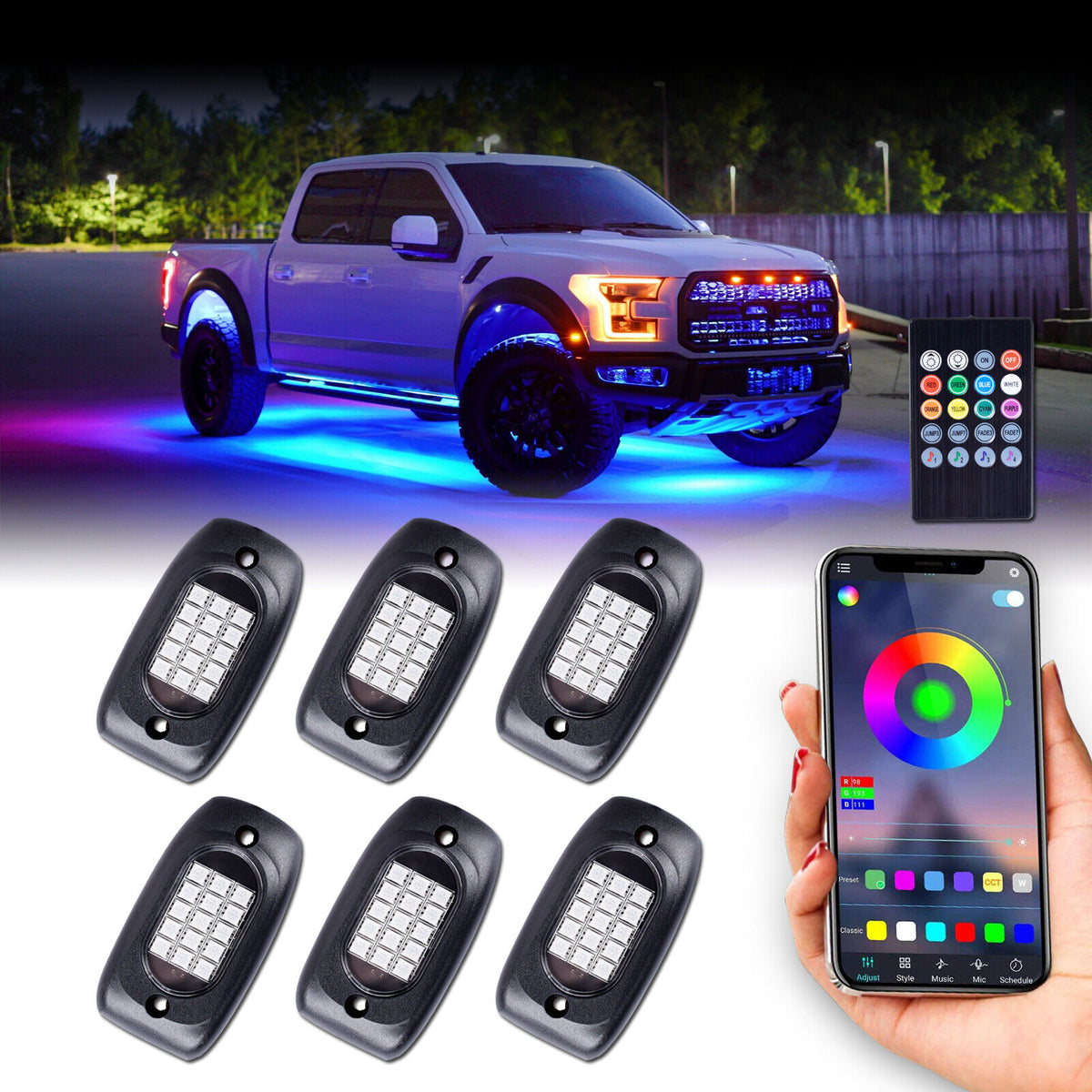 LED Rock Lights 6-Pods RGB Colorful Underbody Underglow Kit Neon Car B ...