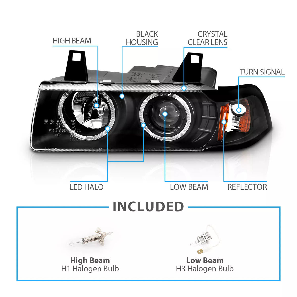 [Dual LED Halo] for 1992-1999 BMW E36 3 Series M3 Projector Black Head ...