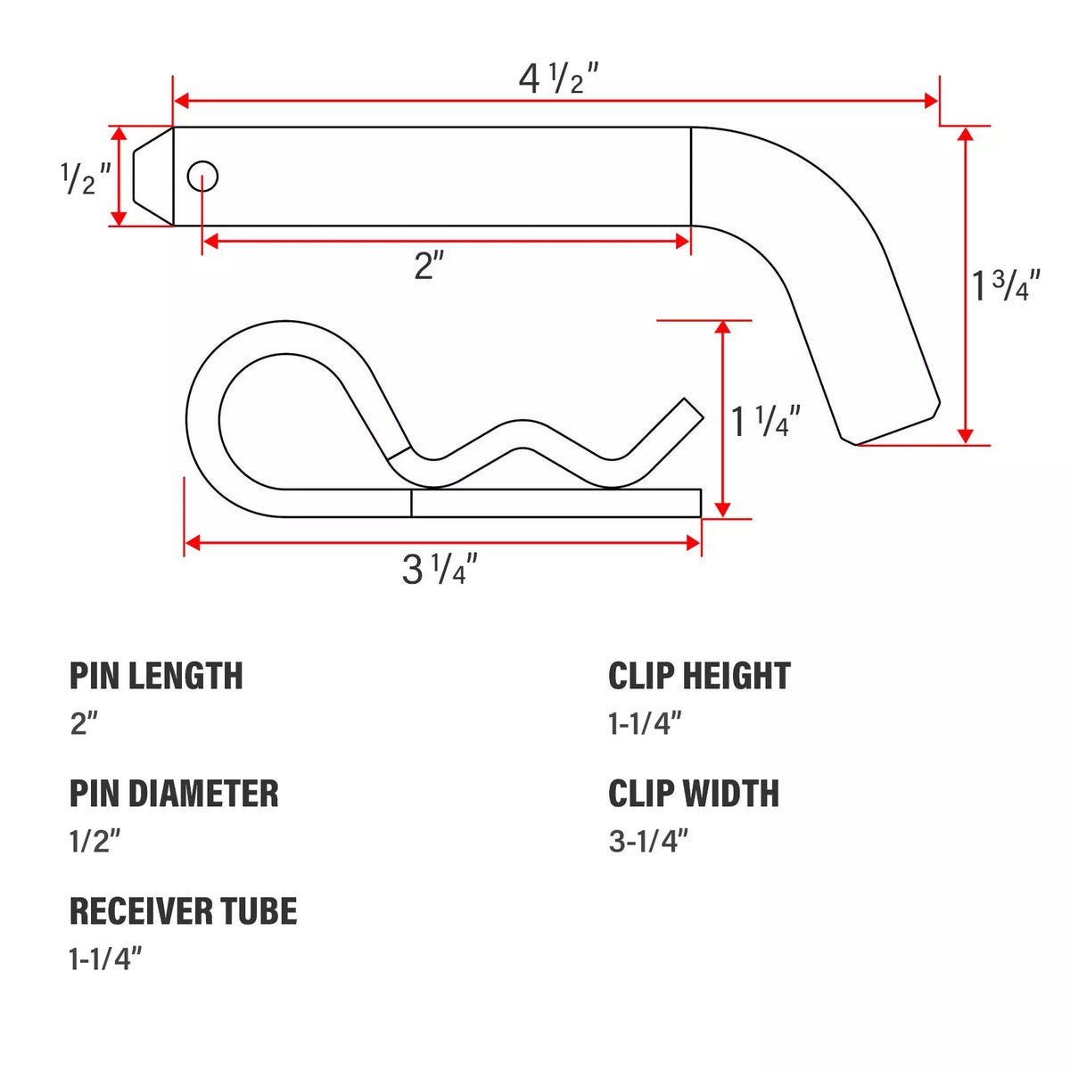 Trailer Hitch Pin & Clip，1/2 inch Pin Diameter fit 1-1/4-Inch Receiver ...